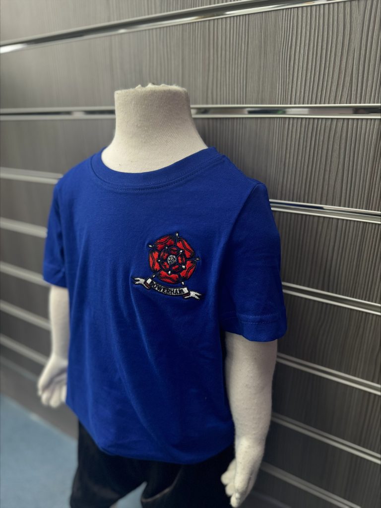 Rose logo P.E. t-shirt in Blue - Bowerham Primary - Schoolwear ...