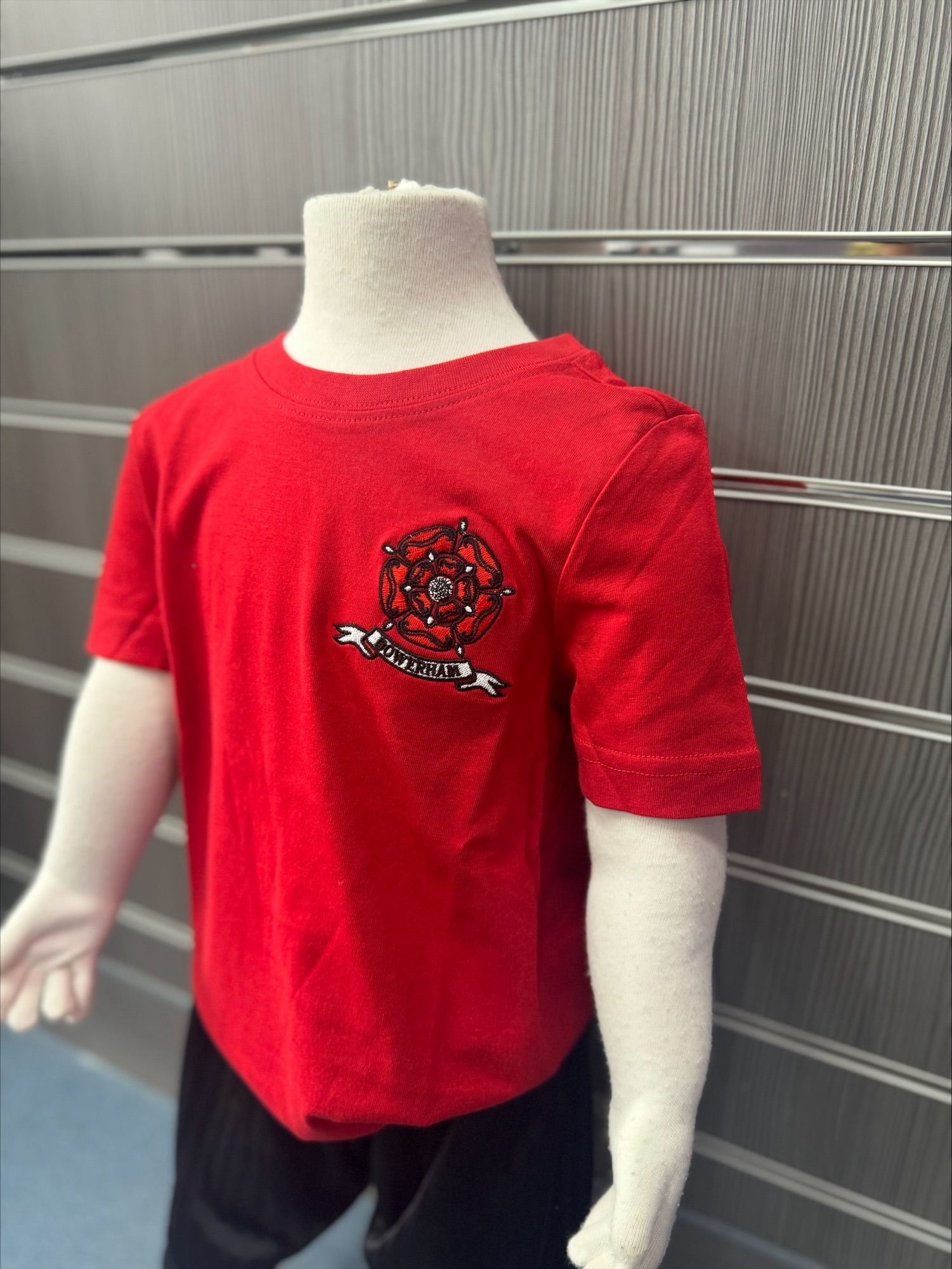Rose logo P.E. t-shirt in Red - Bowerham Primary - Schoolwear - Uniform ...